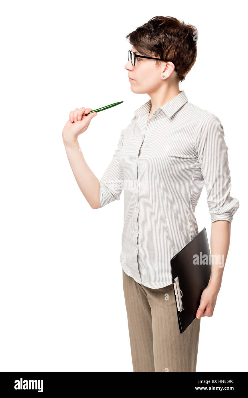woman with pen and folder isolated on white background Stock Photo - Alamy