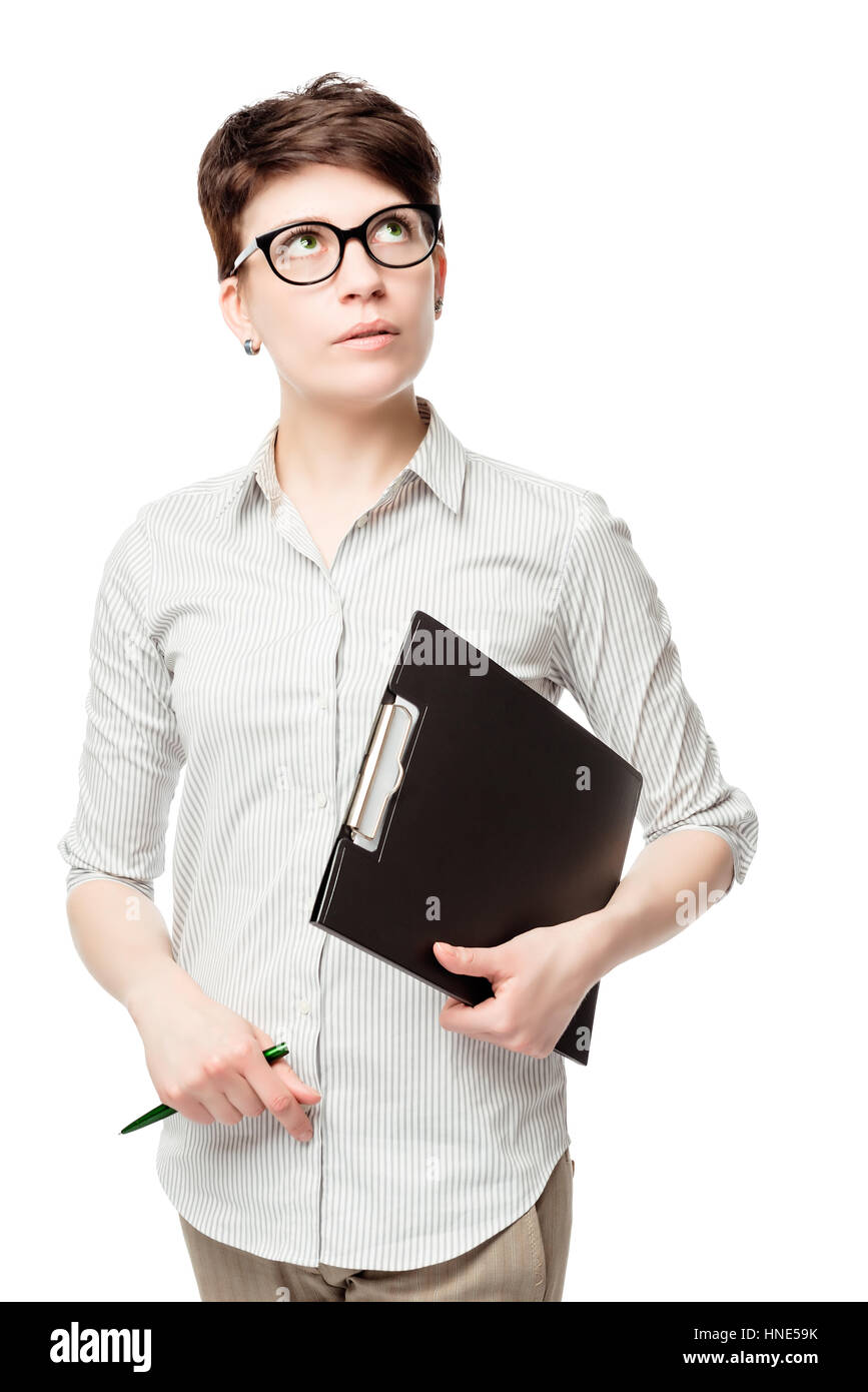 discouraged female accountant thought on a white background Stock Photo ...