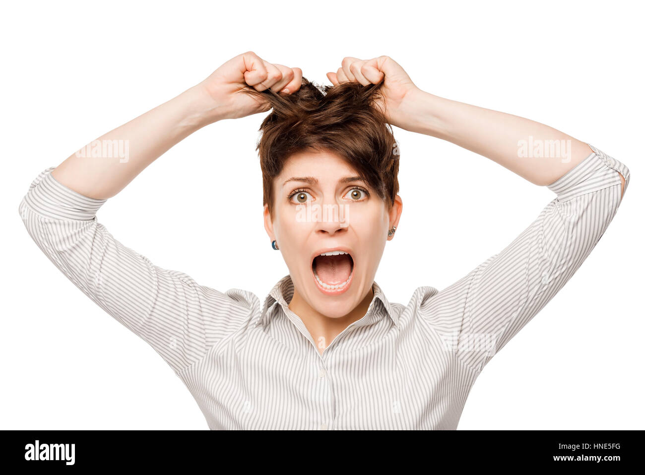 screaming crazy business woman portrait on white background Stock Photo ...