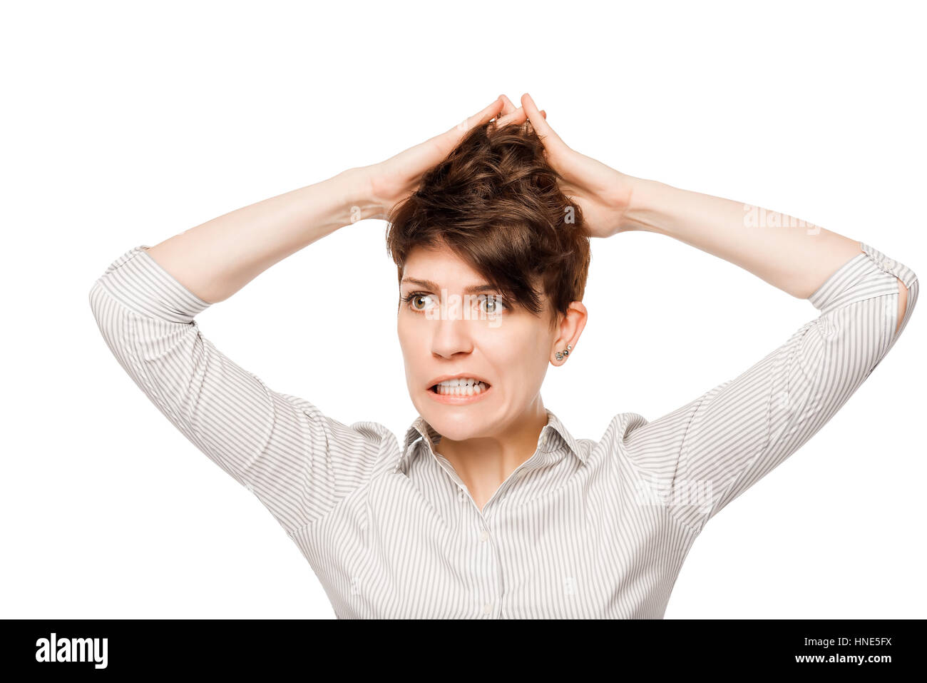 horizontal portrait of the emotional crazy woman on a white background ...