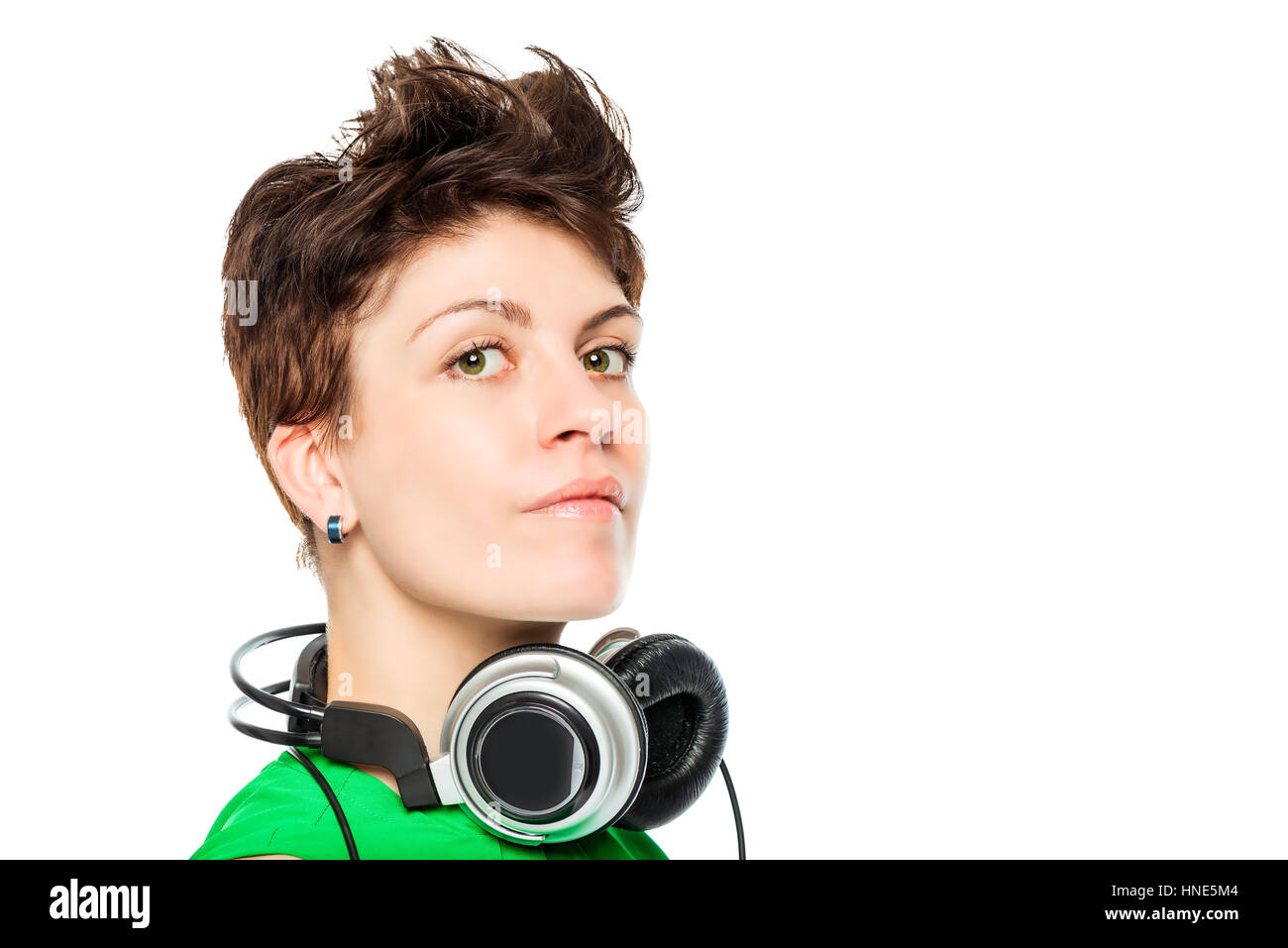 dj portrait with headphones around her neck isolated on white Stock ...