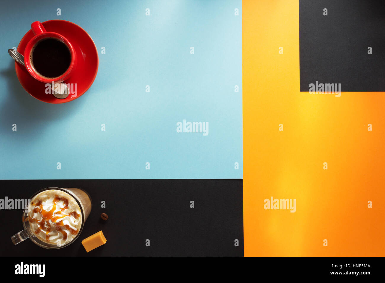 cup of coffee and tea at colorful background Stock Photo - Alamy
