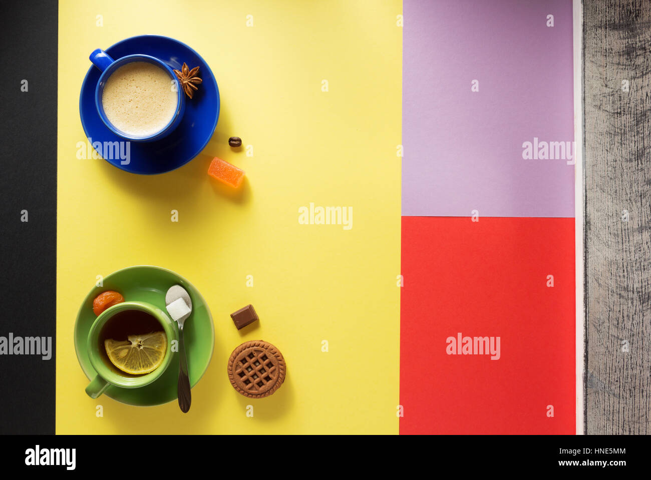 cup of coffee and tea at colorful background Stock Photo - Alamy