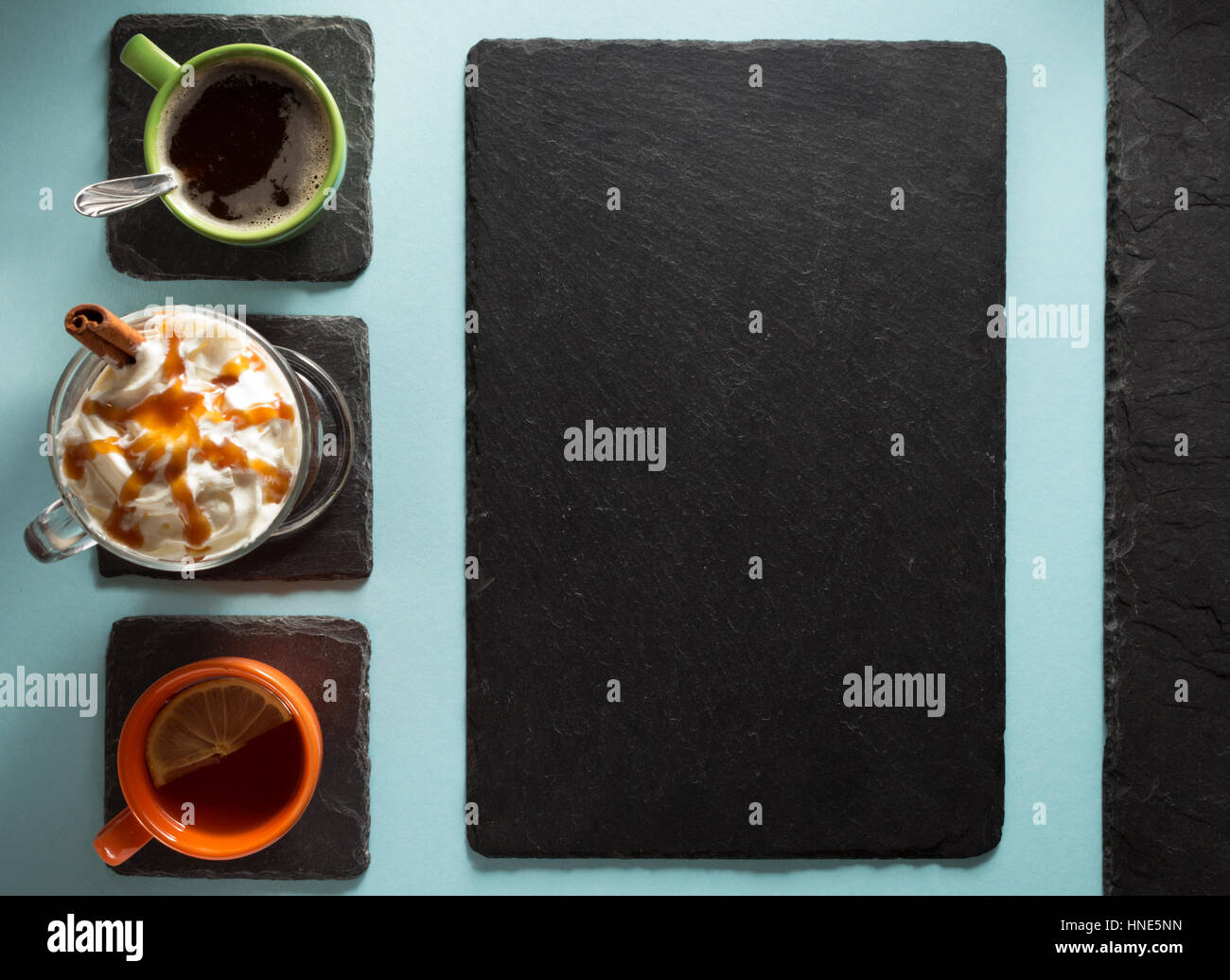 cup of coffee, tea and frappe at paper colorful background Stock Photo ...