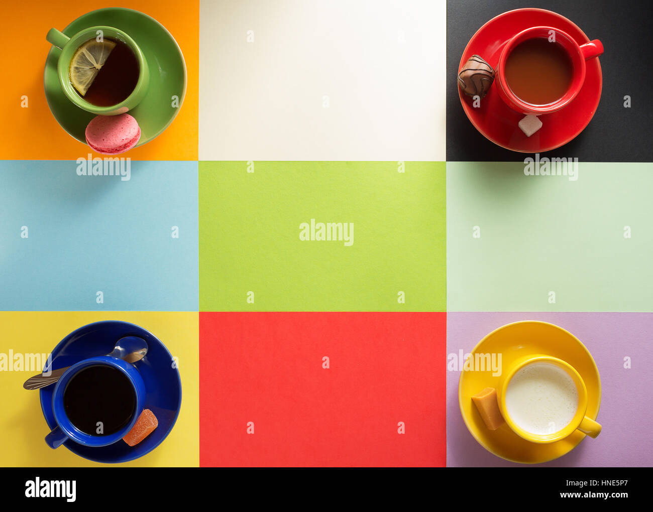 cup of coffee, tea and cacao at paper colorful background Stock Photo ...