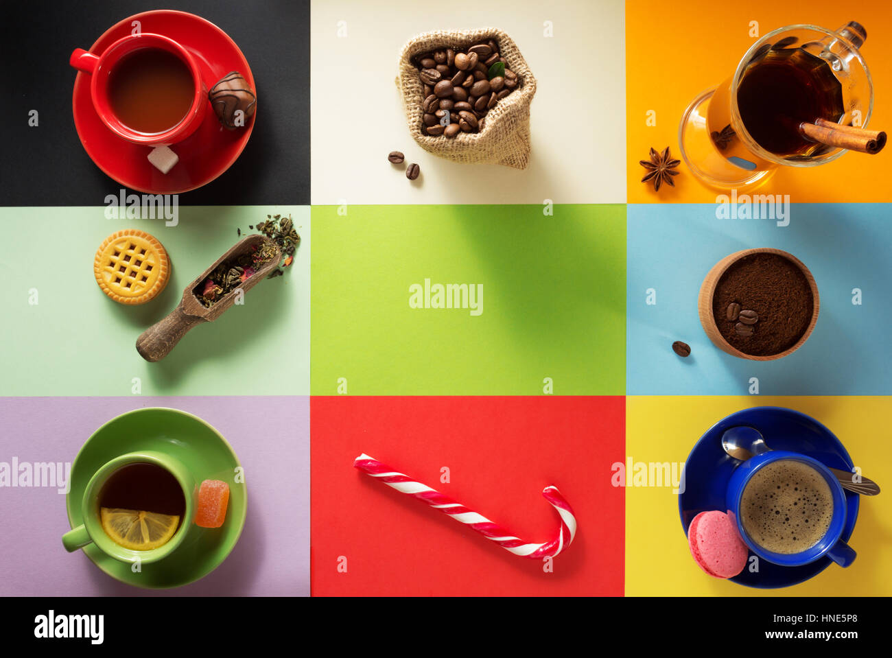 cup of coffee, tea and cacao at paper colorful background Stock Photo ...