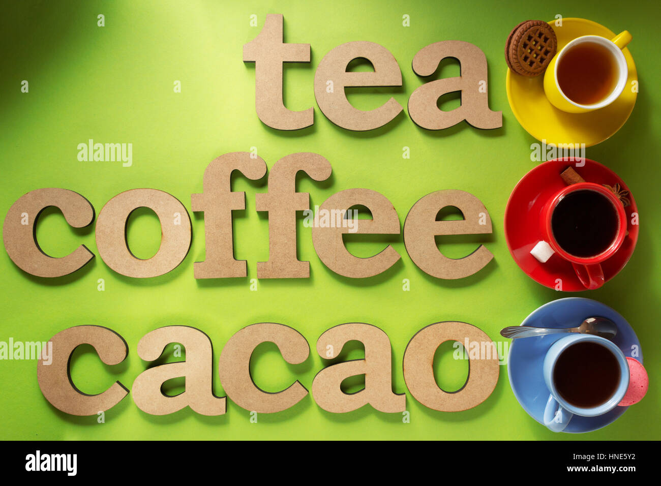 cup of coffee, tea and cacao at paper colorful background Stock Photo ...