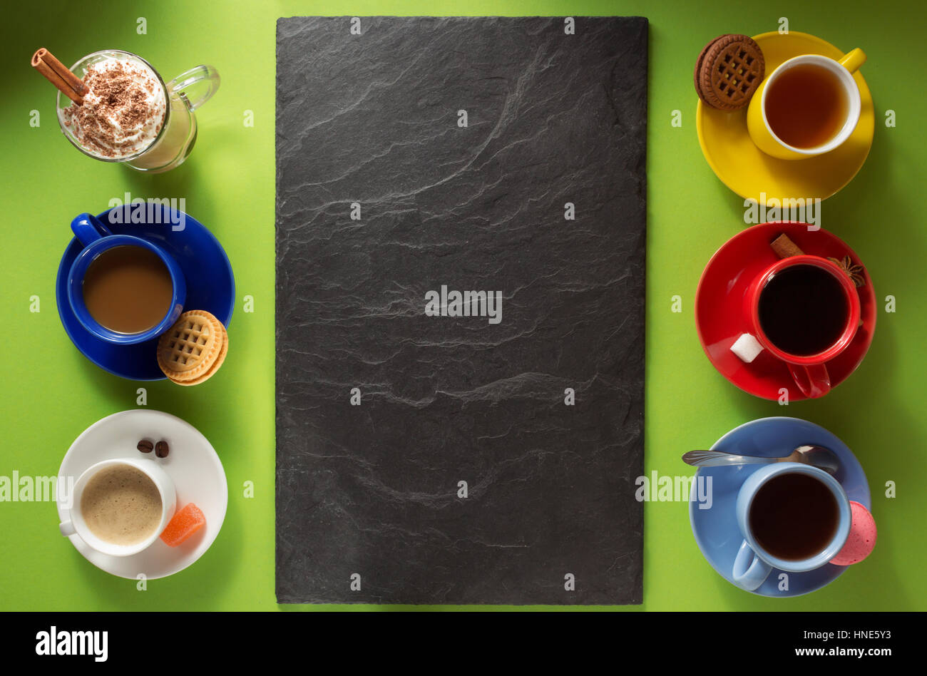 cup of coffee, tea and cacao at paper colorful background Stock Photo ...