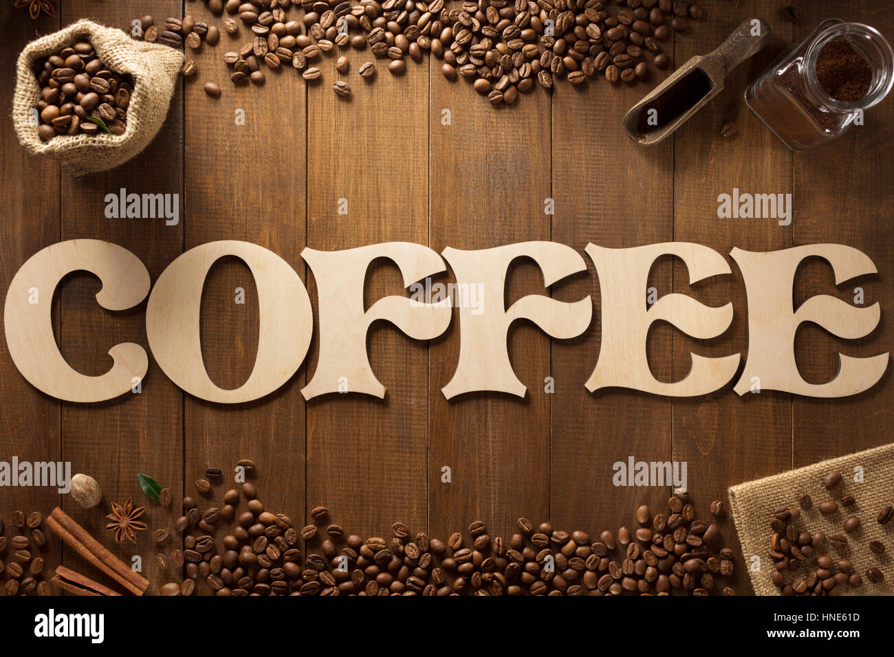 coffee letters and beans on wooden background Stock Photo - Alamy