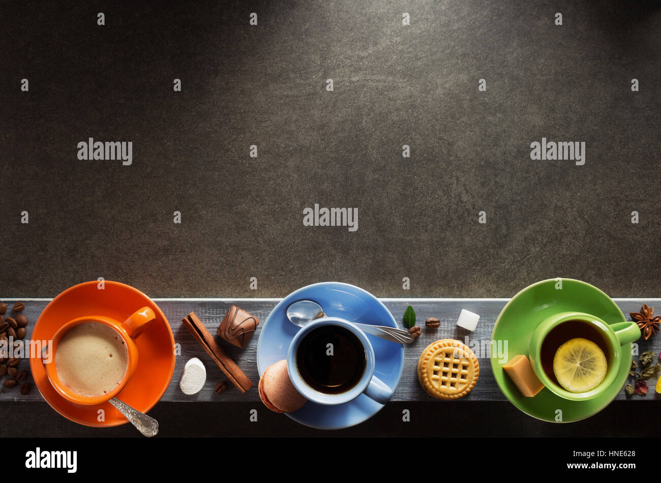 cup of coffee, cacao and tea at table Stock Photo - Alamy