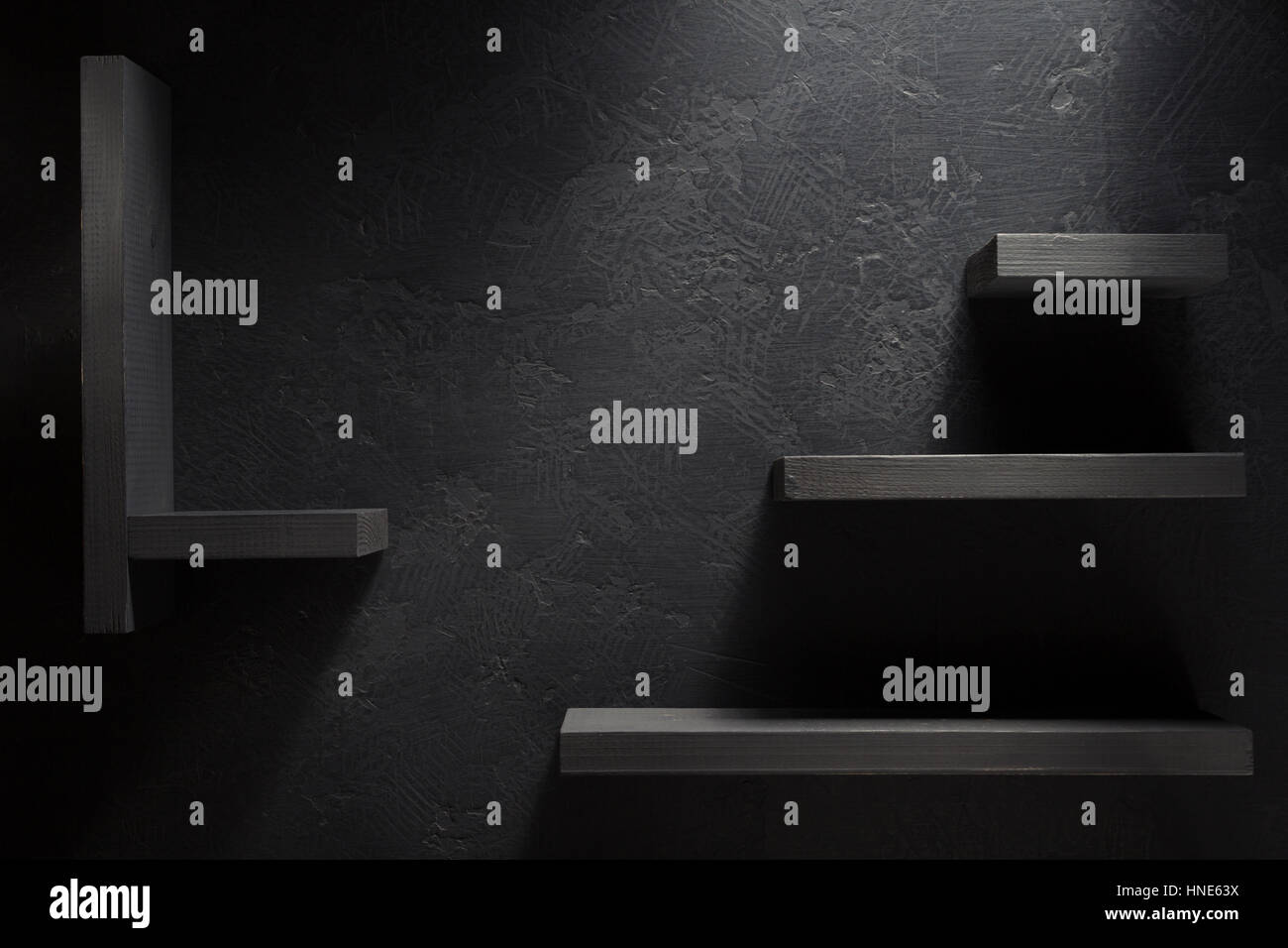 wooden shelf on black background Stock Photo - Alamy