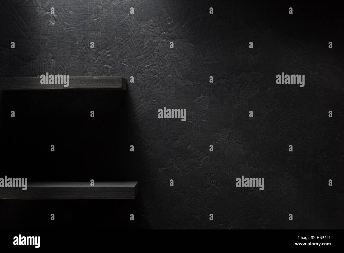 wooden shelf on black background Stock Photo - Alamy