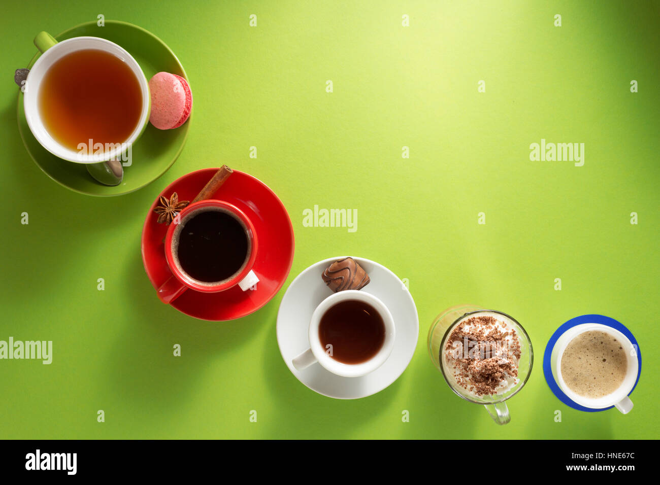 cup of coffee, tea and cacao at paper colorful background Stock Photo ...