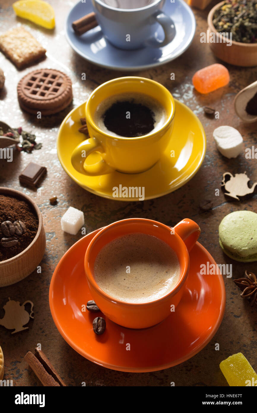 cup of coffee, tea and cacao at table background Stock Photo - Alamy