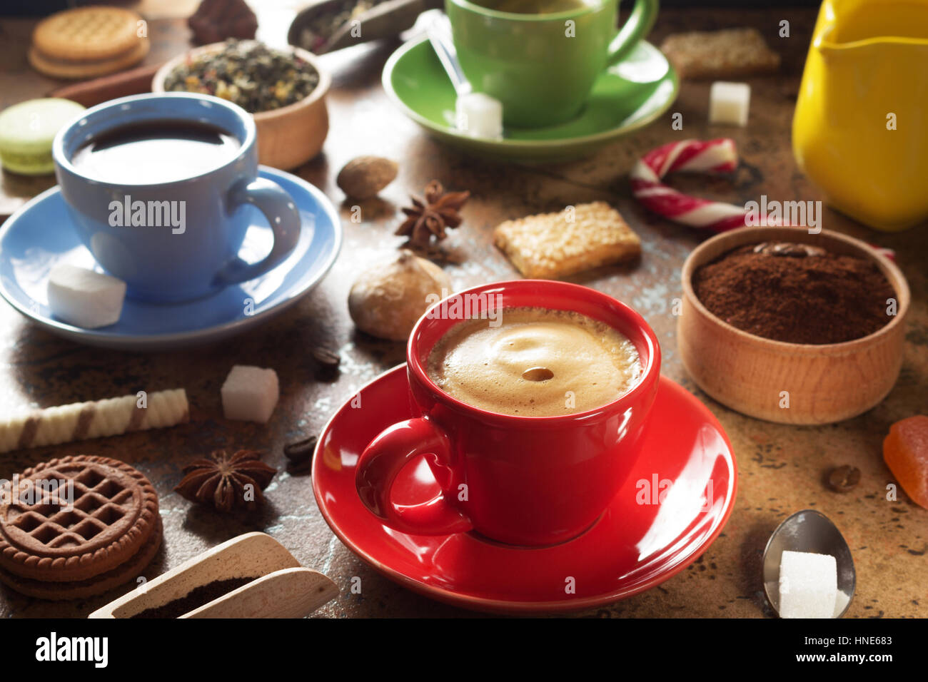 cup of coffee, tea and cacao at table background Stock Photo - Alamy