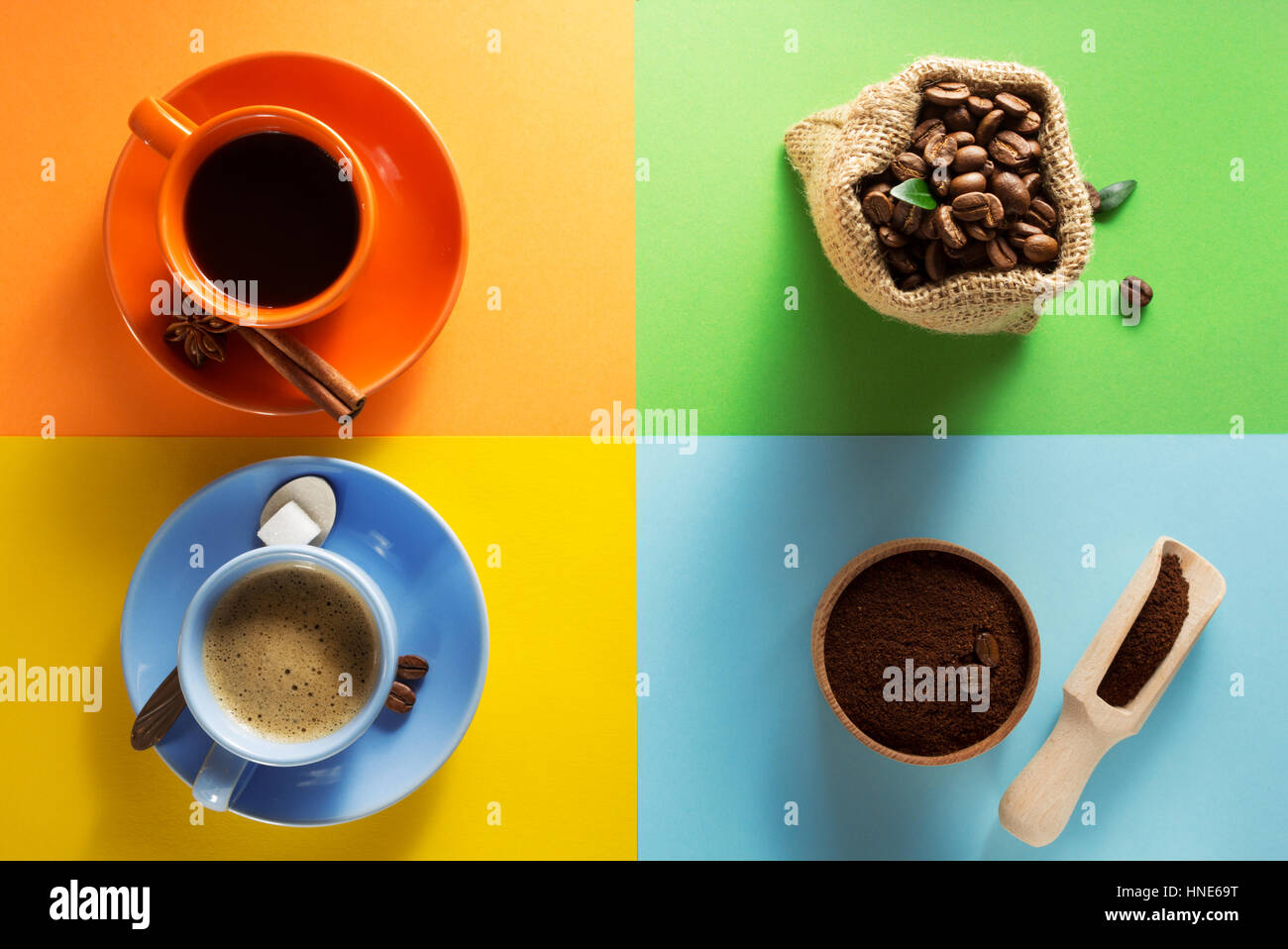 cup of coffee and cacao at colorful paper background Stock Photo - Alamy