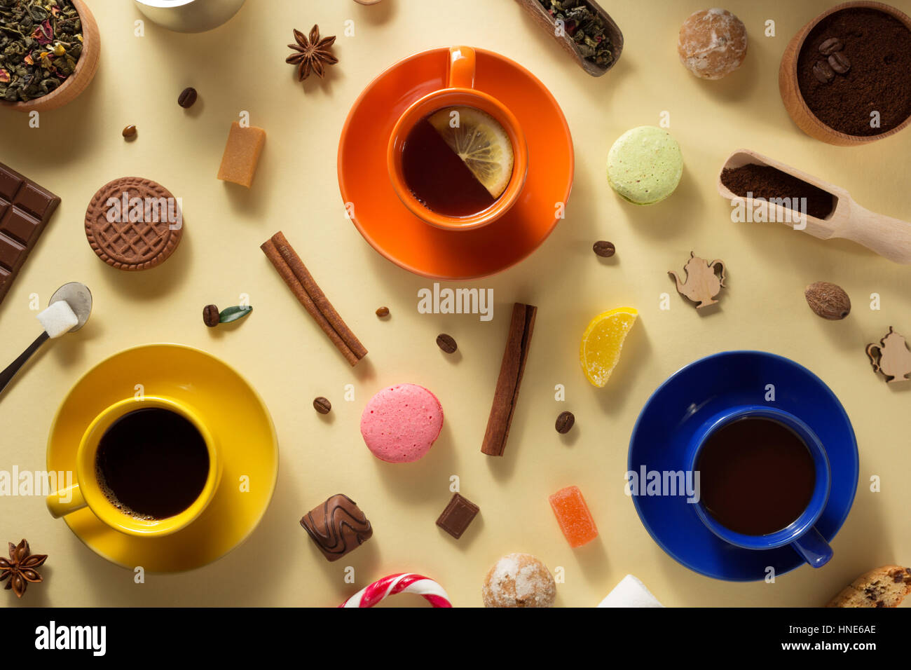 cup of coffee, tea and cacao at colorful background Stock Photo - Alamy