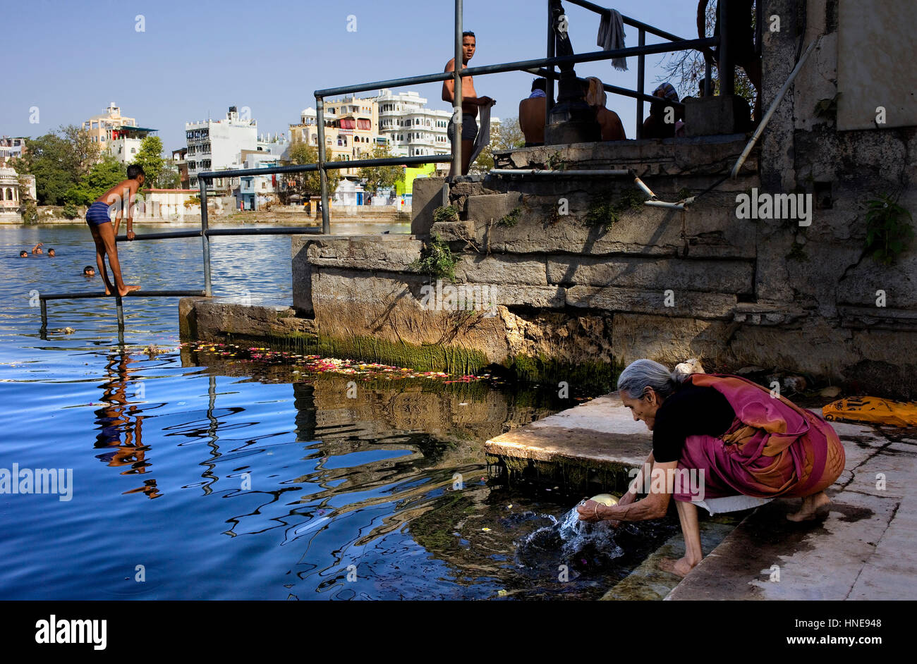 Scene in Gangaur ghat,Pichola lake,Udaipur, Rajasthan, india Stock ...