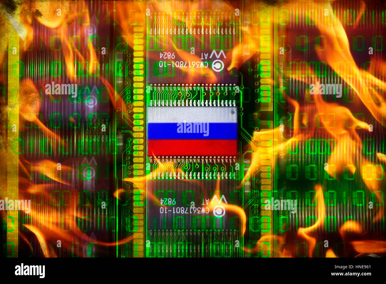 Computer boards with Russia flag and flames, symbolic photo ...