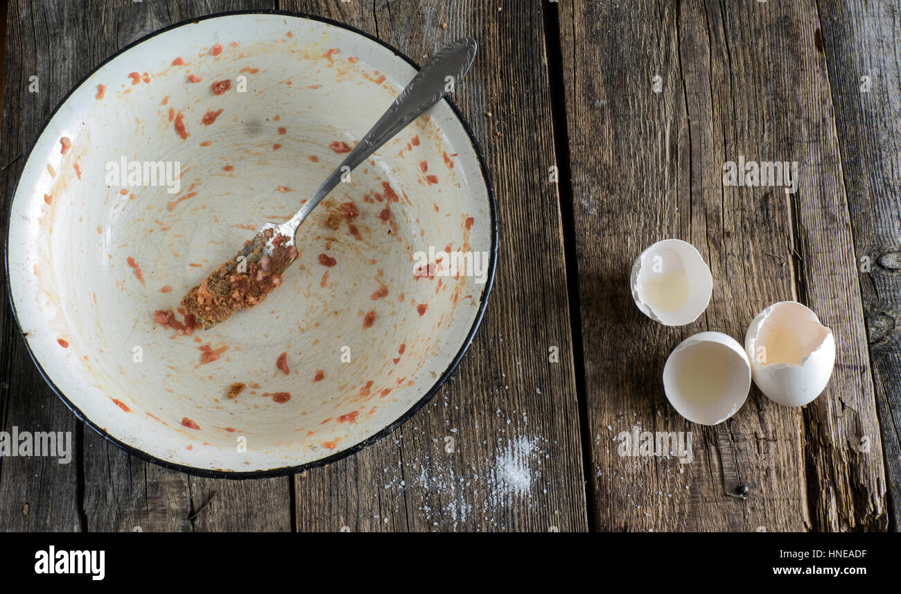 Cooking of cutlets. Empty bowl smeared with remnants of minced lamb ...