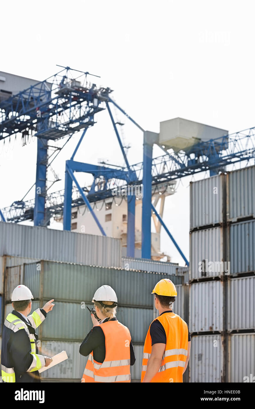 Rear view of workers inspecting cargo containers in shipping yard Stock ...