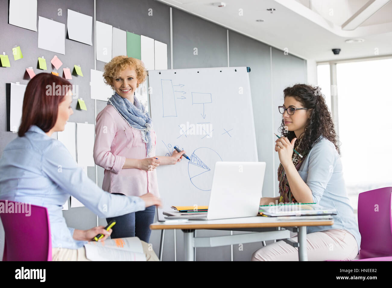 Businesswoman explaining pie chart to colleagues in creative office ...