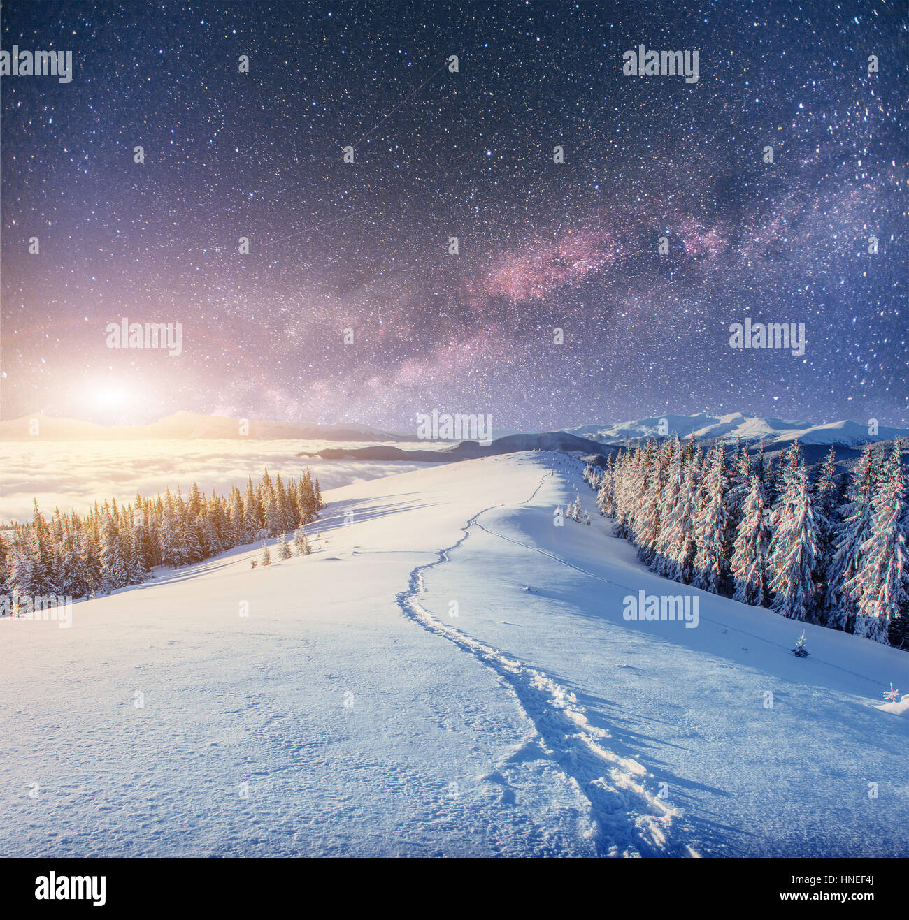 starry sky in winter snowy night. fantastic milky way Stock Photo - Alamy