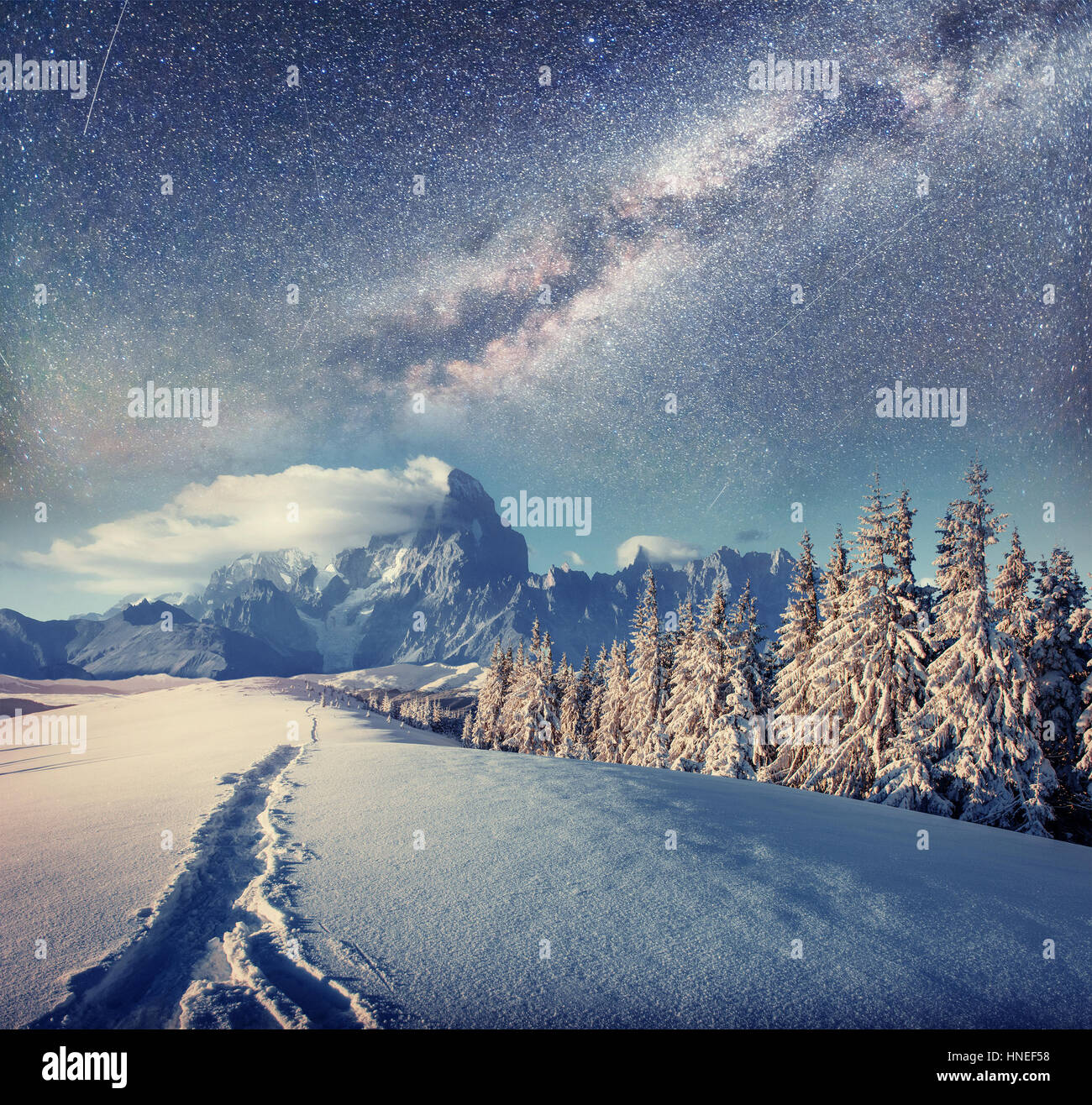 starry sky in winter snowy night. fantastic milky way Stock Photo - Alamy