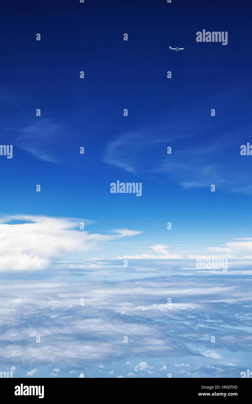 Oncoming flight traffic in mid air. Aircraft flying above earth ...