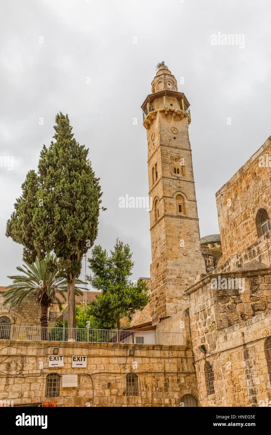 Omer mosque minaret in front of the Church of the Holy Sepulchre in ...