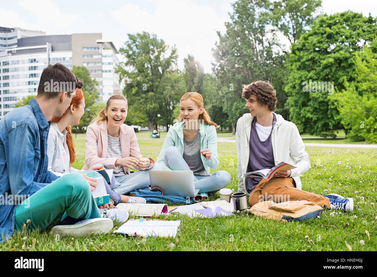 University friends studying together on grass Stock Photo - Alamy