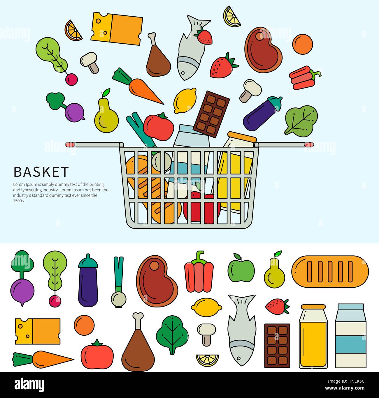 Thin line flat design of a basket with products. Icons or For web site ...