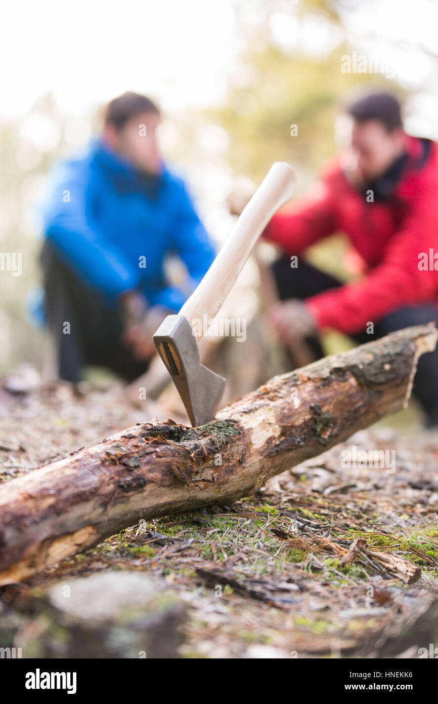 Axe stuck in log with male hikers in background at forest Stock Photo ...