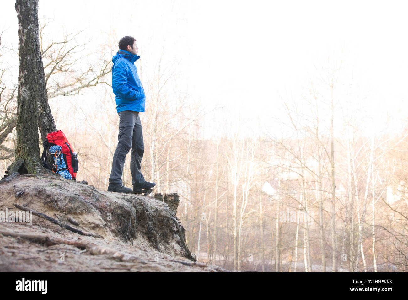 Side hiker standing edge cliff forest 20s adult hi-res stock ...