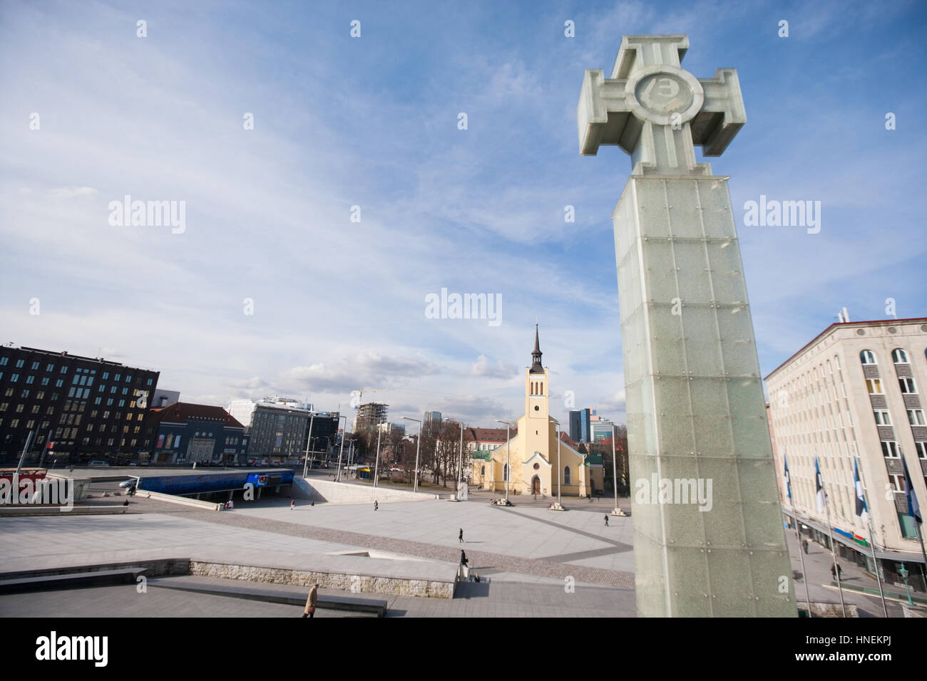 Freedom monument with St. John's Church at freedom square, Tallinn ...