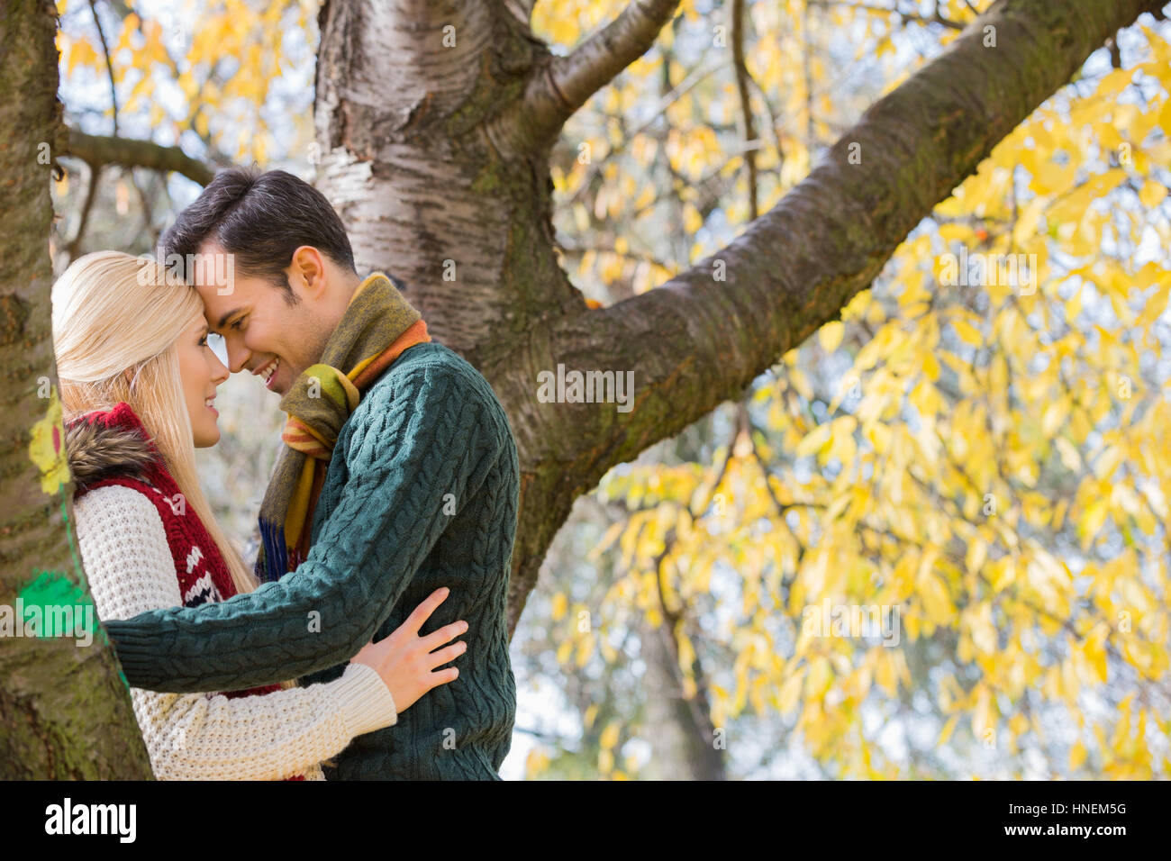 Side view of young couple hugging near autumn tree in park Stock Photo ...