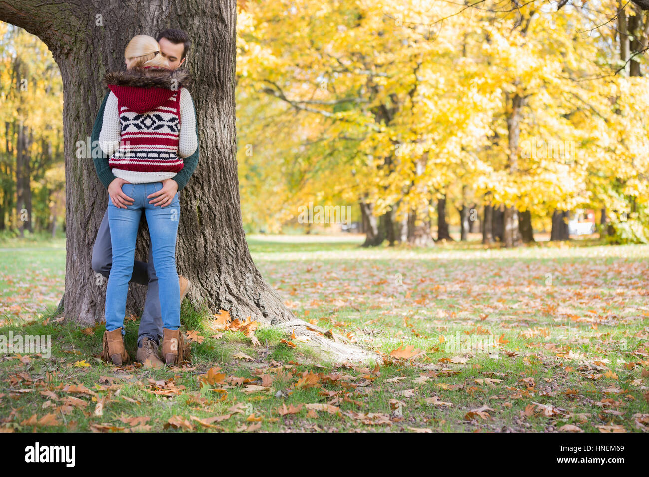 Passionate couple against tree trunk in park during autumn Stock Photo ...
