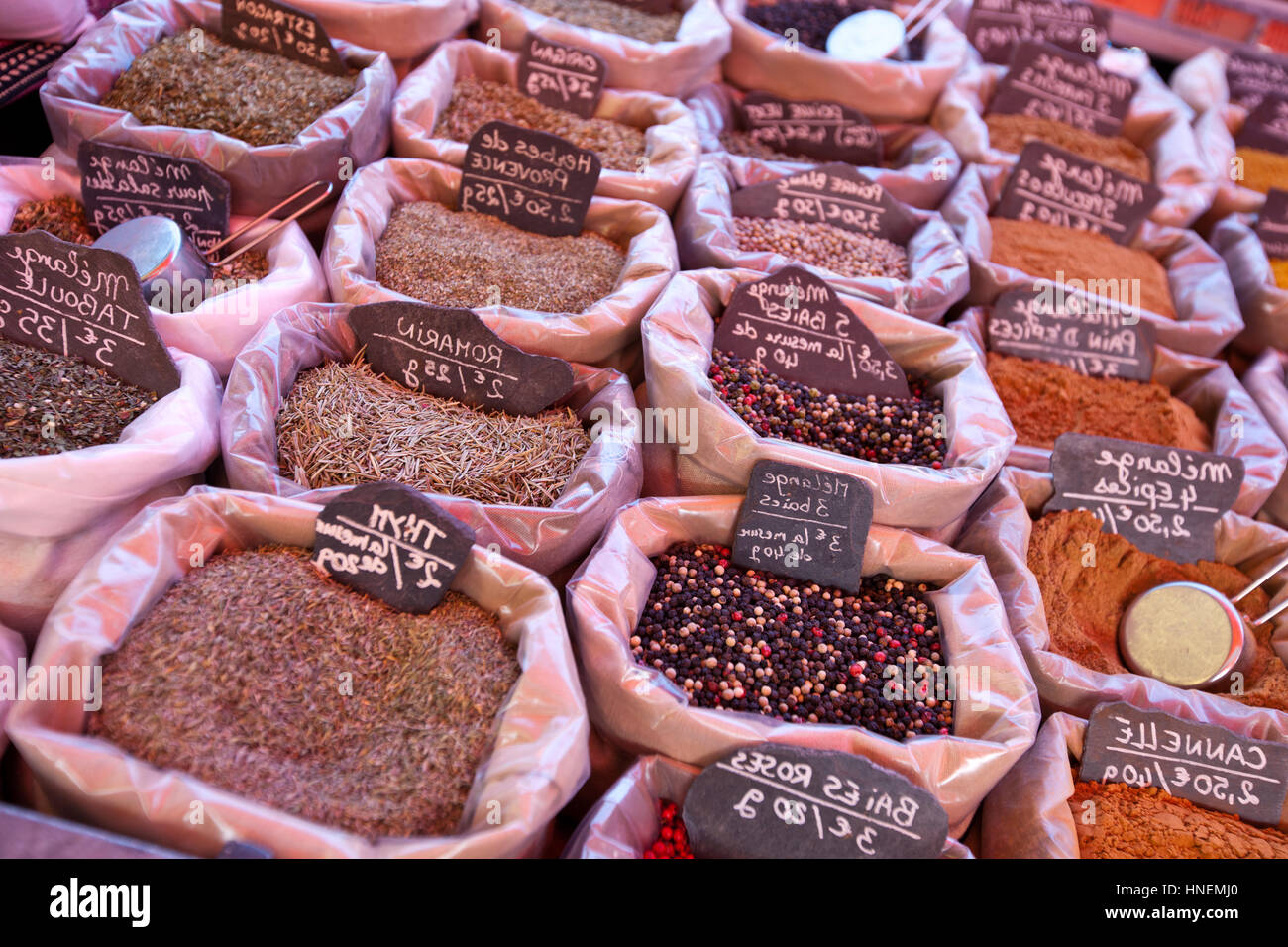 Variety of spices on display in store Stock Photo - Alamy