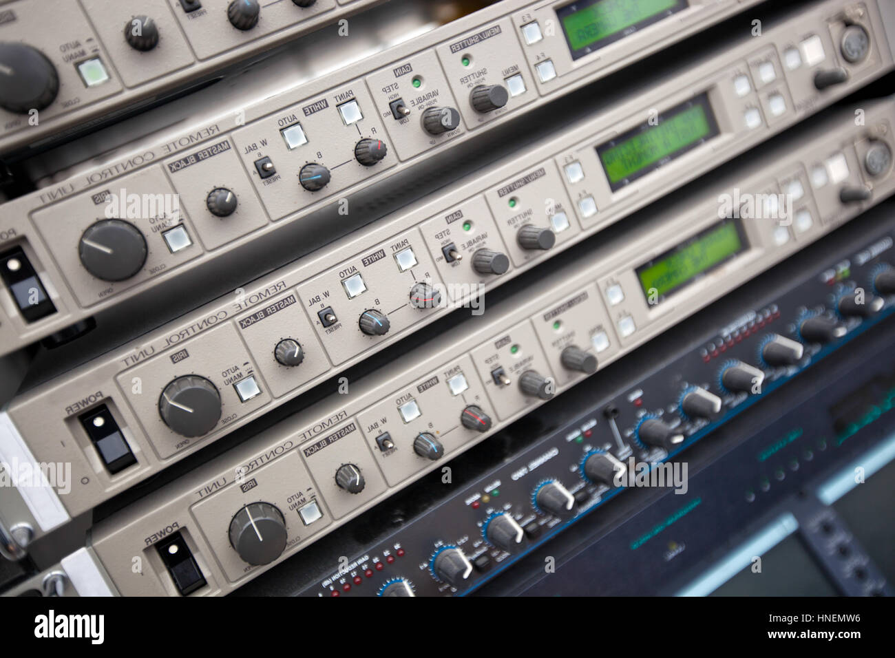 Close-up of audio recording equipment in control room Stock Photo - Alamy