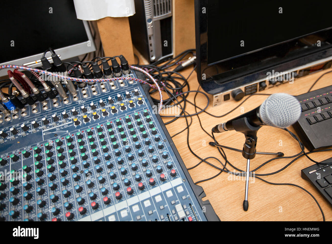 Microphone and sound mixing equipment at television studio Stock Photo ...