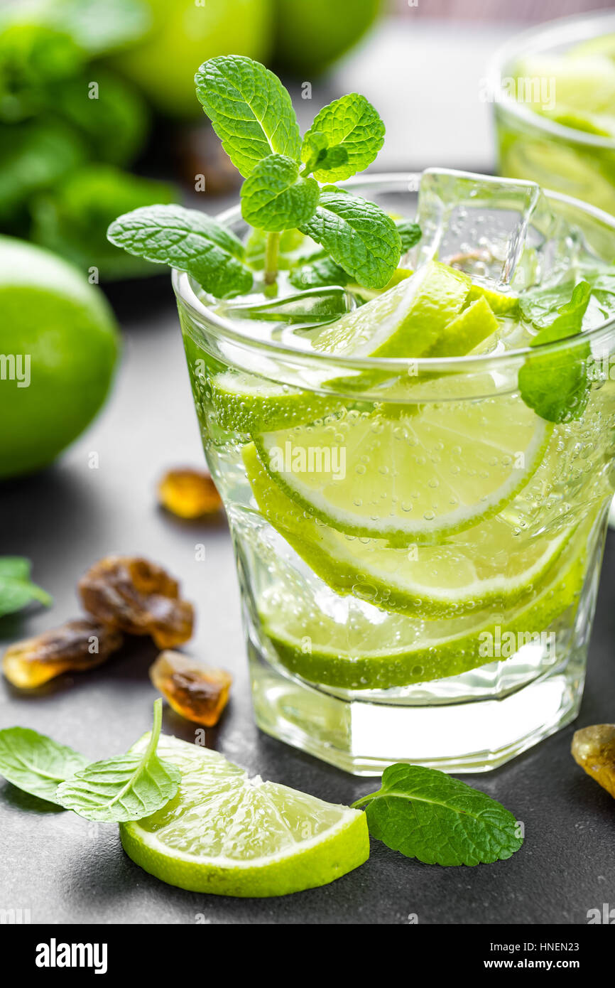Summer mint lime refreshing cocktail mojito with rum and ice in glass ...