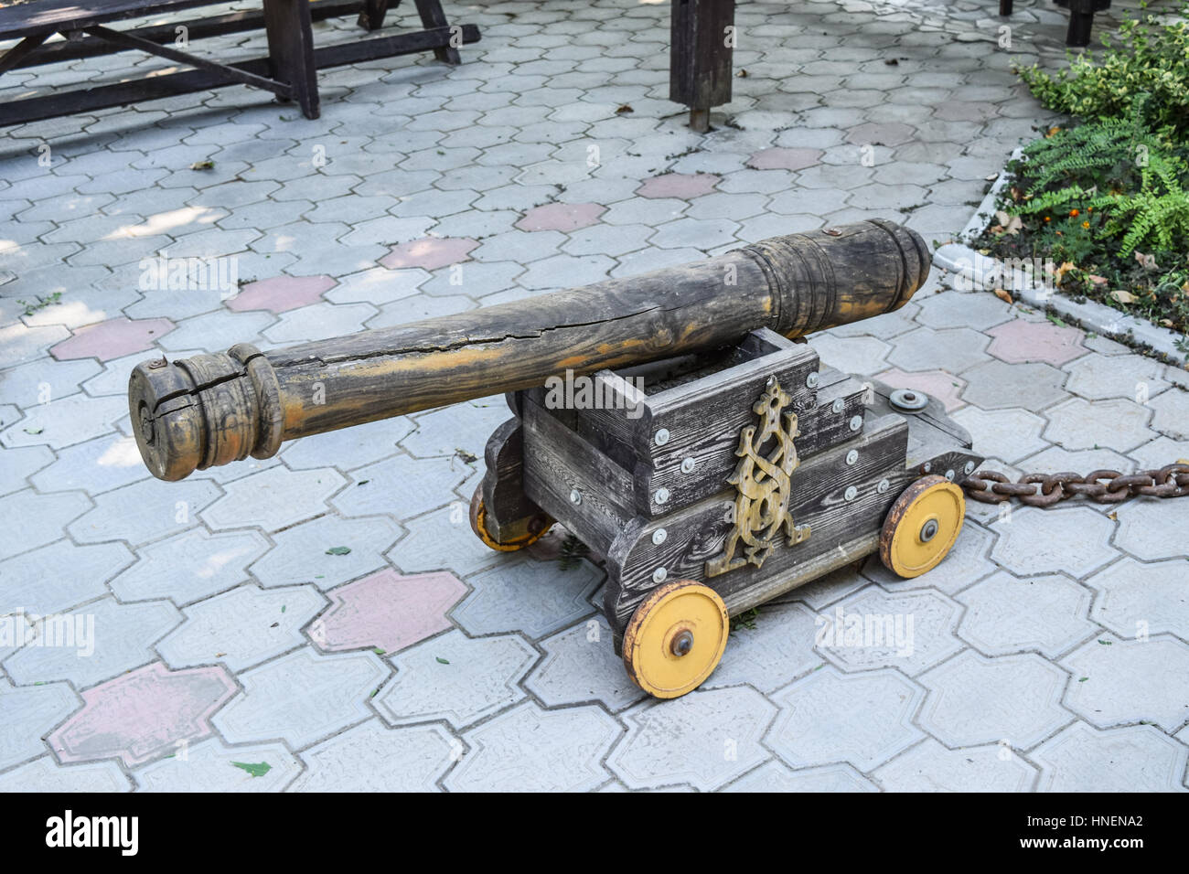 Fake guns. Wooden decorative cannon in the park Stock Photo - Alamy
