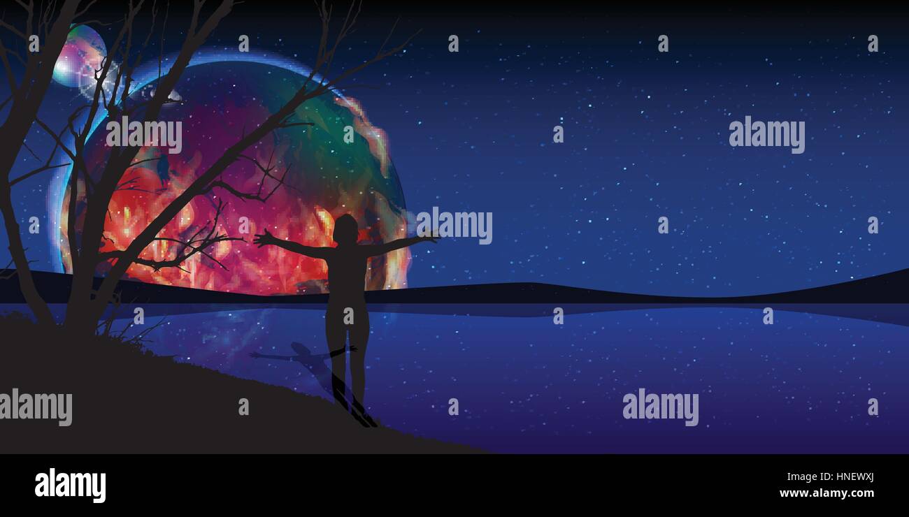 Mars is a fiery planet silhouette of a person. Landscape water beacon ...