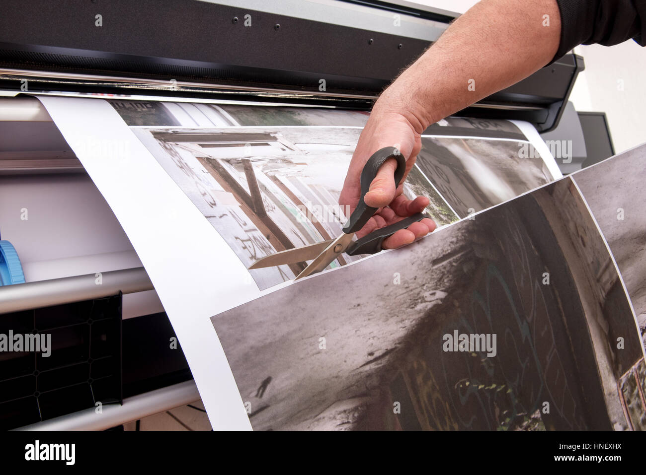 Professional man hand cutting off with scissors pictures printed on ...