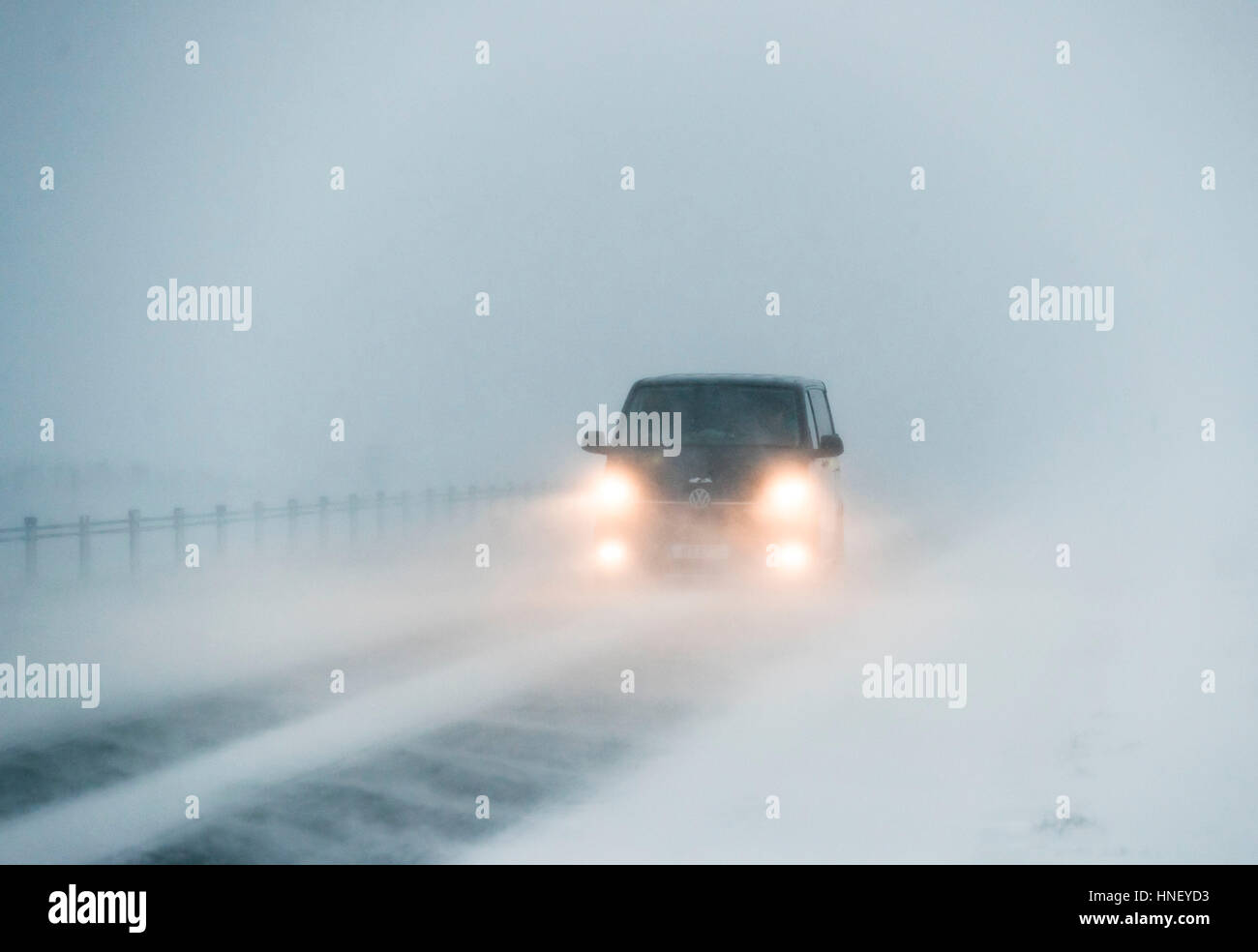 A car in whiteout conditions on the A66 in Northern England as snow ...