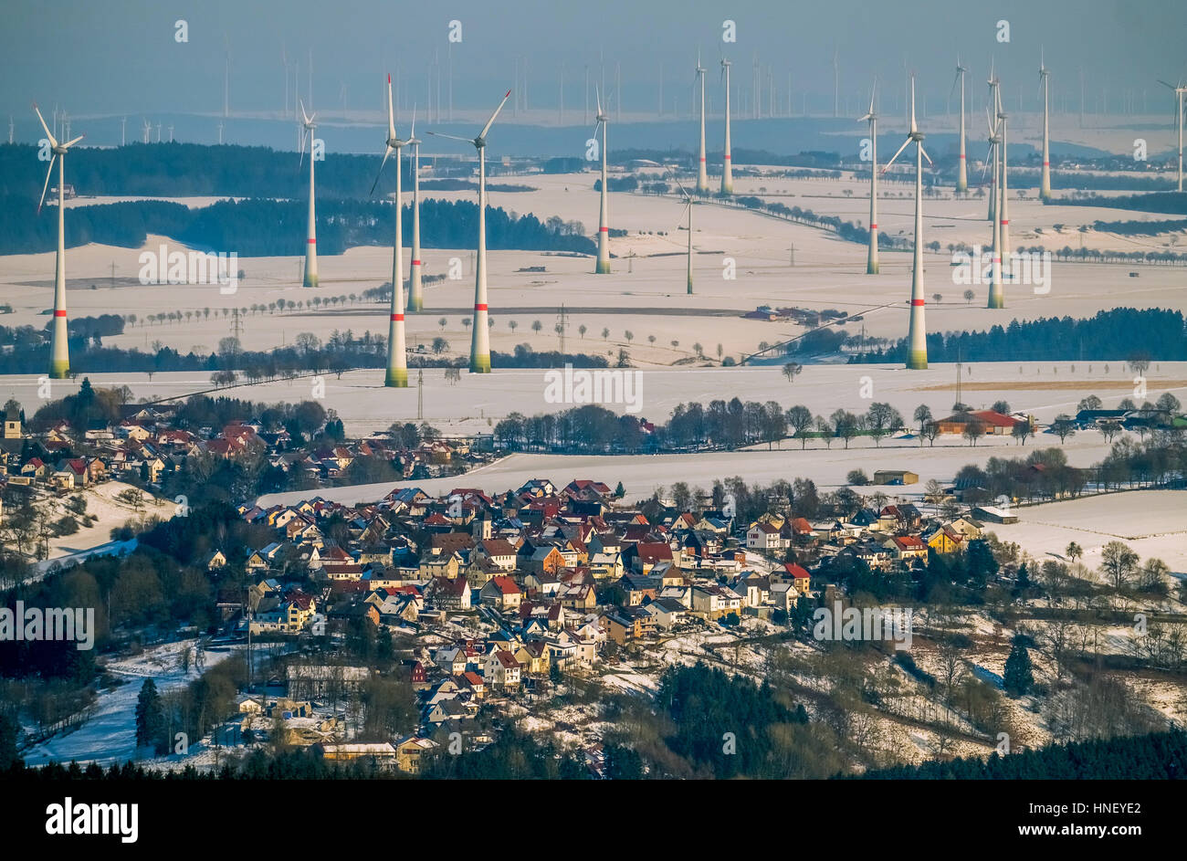 Windpark Buren, wind turbines, view of Rüthen, Sauerland, North Rhine ...