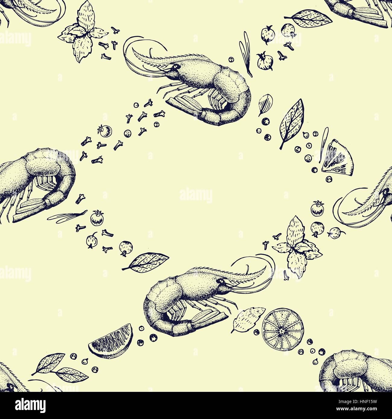 Vector hand drawn seamless pattern with shrimp.. Vintage background ...