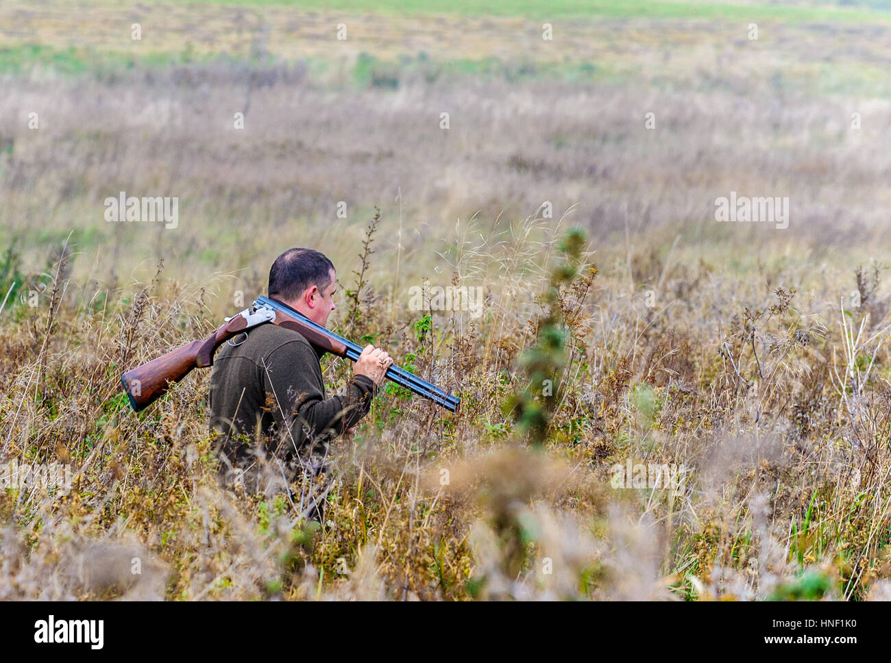 A man, or a hunter, with a shotgun walking across rough ground during a ...