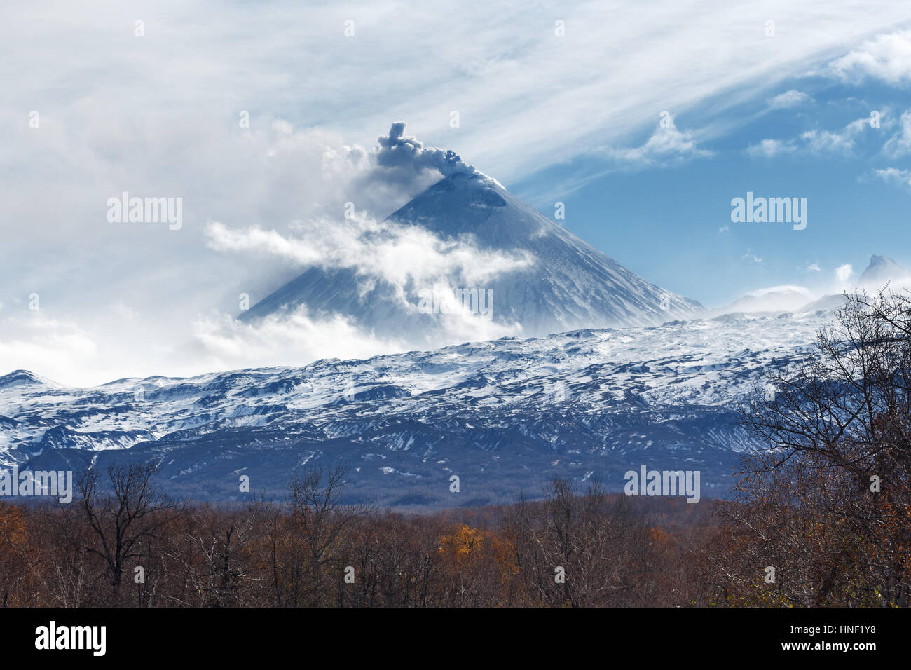 Kamchatka volcanic landscape: explosive-effusive eruption Klyuchevskoy ...