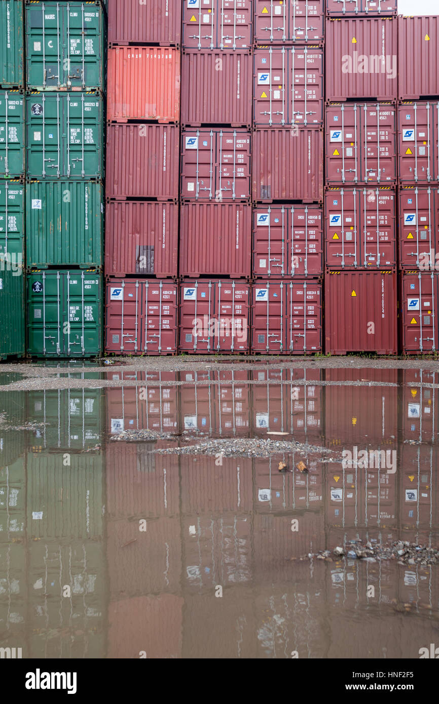 Belgium, Antwerp, port - harbour, stacked intermodal freight containers ...